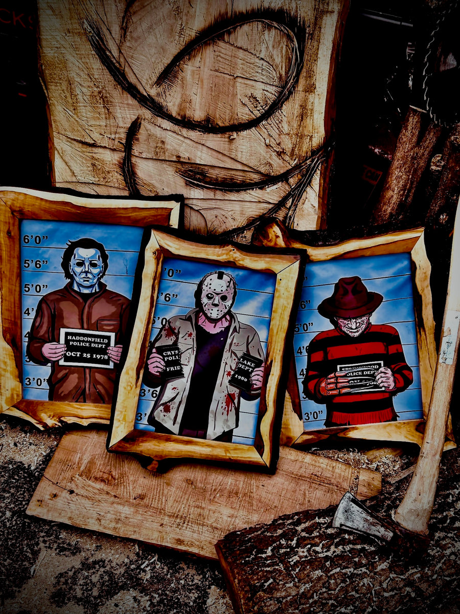 Live Edge walnut wood Frame 11x15” Horror movie Freddy Krueger mug sho – 1428 Nightmare Studios